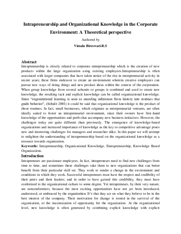(PDF) Intrapreneurship and Organizational Knowledge in the Corporate ...