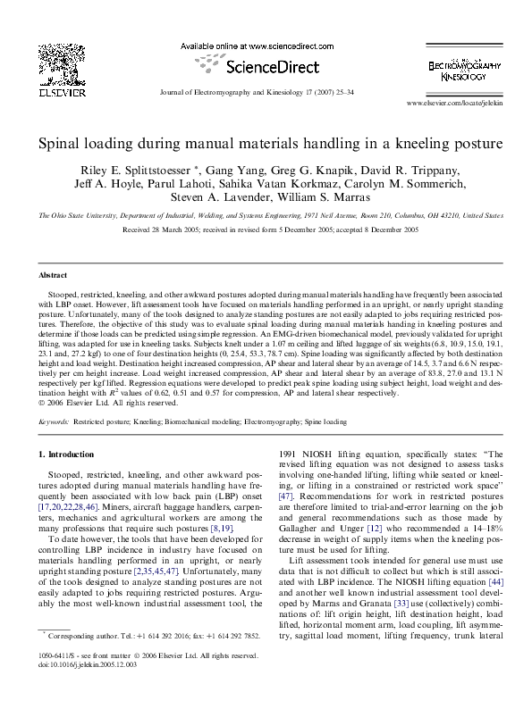 (PDF) Spinal loading during manual materials handling in a kneeling posture