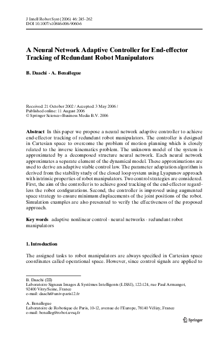 Pdf A Neural Network Adaptive Controller For End Effector Tracking Of Redundant Robot Manipulators 