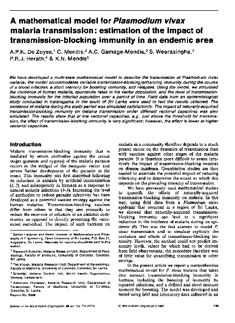 (PDF) A mathematical model for Plasmodium vivax malaria transmission ...