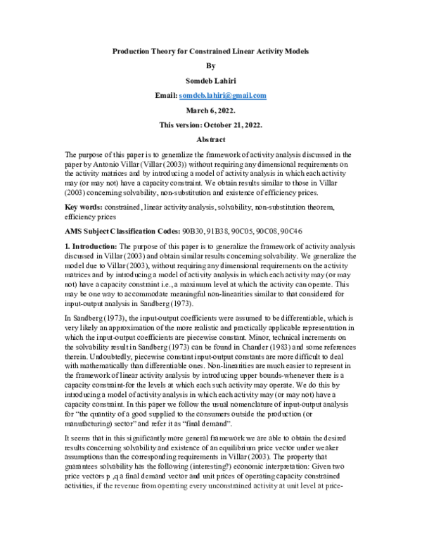 (PDF) Production Theory for Constrained Linear Activity Models