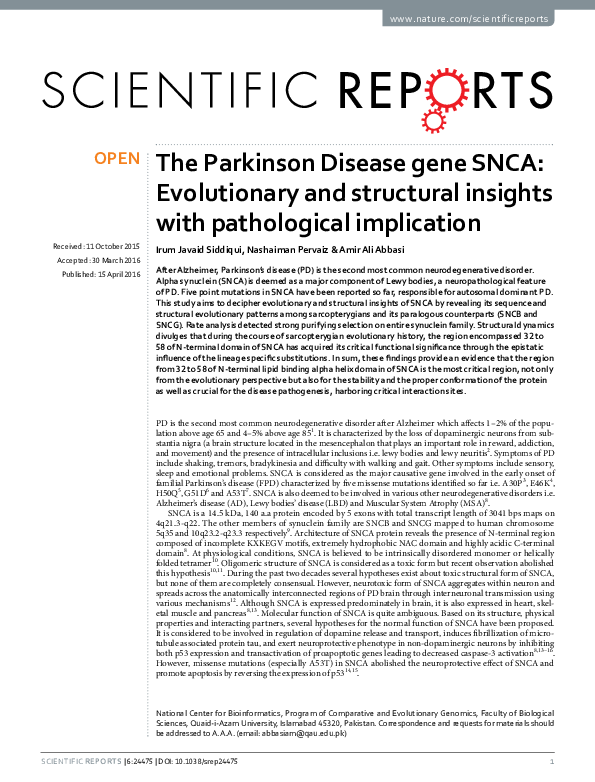 (PDF) The Parkinson Disease gene SNCA: Evolutionary and structural ...