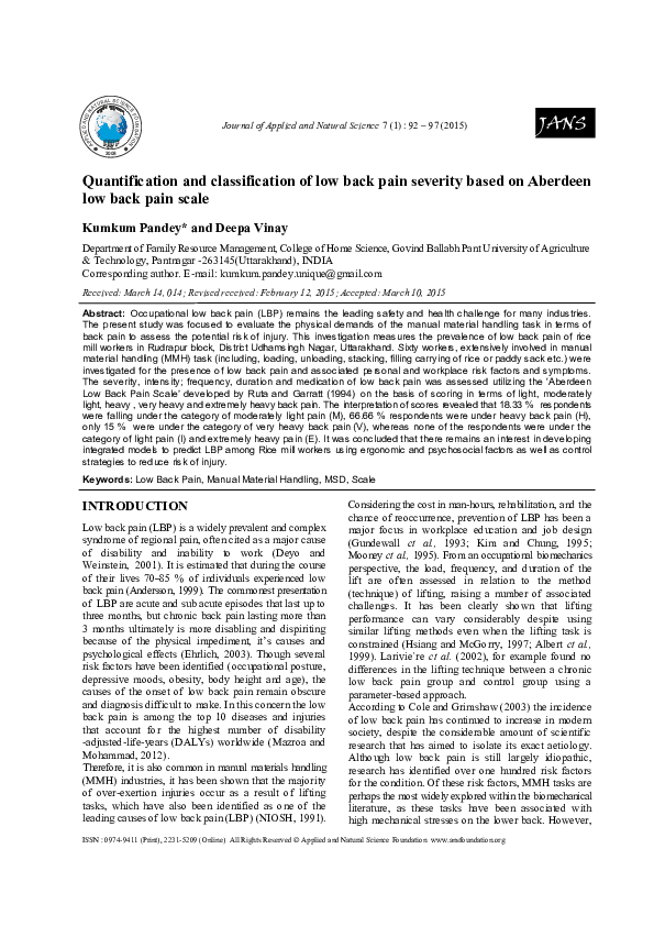 (PDF) Quantification and classification of low back pain severity based on Aberdeen low back ...
