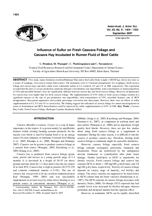 Pdf Influence Of Sulfur On Fresh Cassava Foliage And Cassava Hay