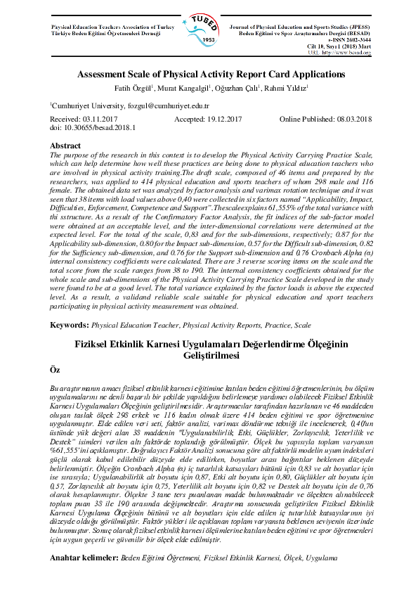 (PDF) Assessment Scale of Physical Activity Report Card Applications