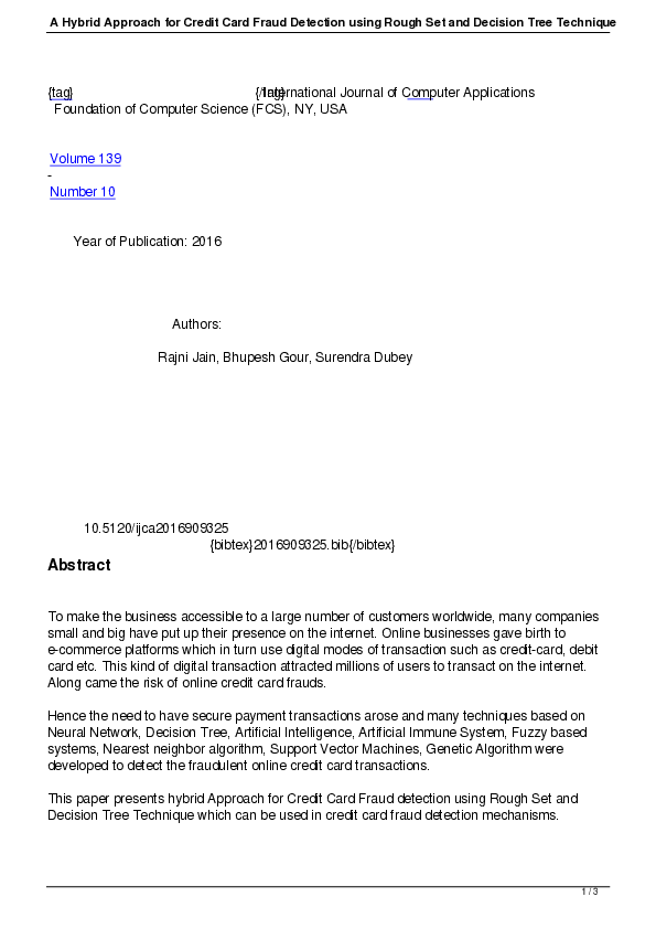 Pdf A Hybrid Approach For Credit Card Fraud Detection Using Rough Set And Decision Tree Technique