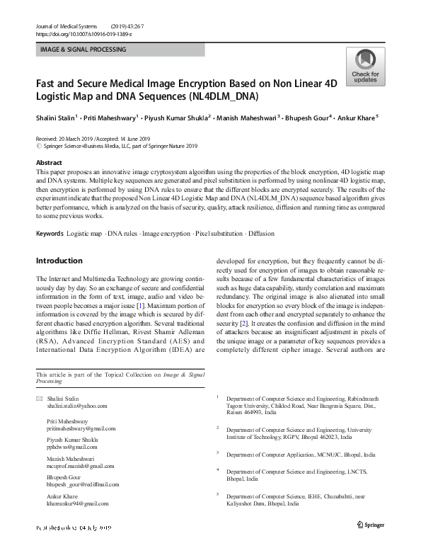(PDF) Fast and Secure Medical Image Encryption Based on Non Linear 4D Logistic Map and DNA ...