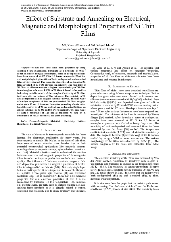 (PDF) Effect of Substrate and Annealing on Electrical, Magnetic and Morphological Properties of ...