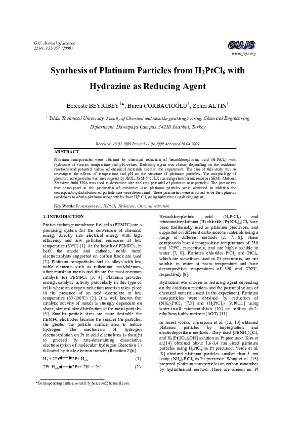 (PDF) Synthesis of Platinum Particles from H2PtCl6 with Hydrazine as ...