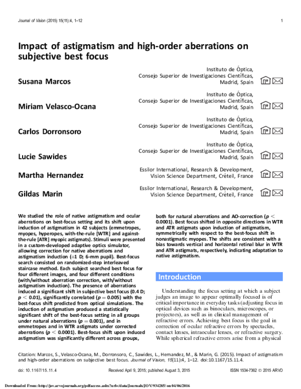 (PDF) Impact of astigmatism and high-order aberrations on subjective best focus | Martha ...