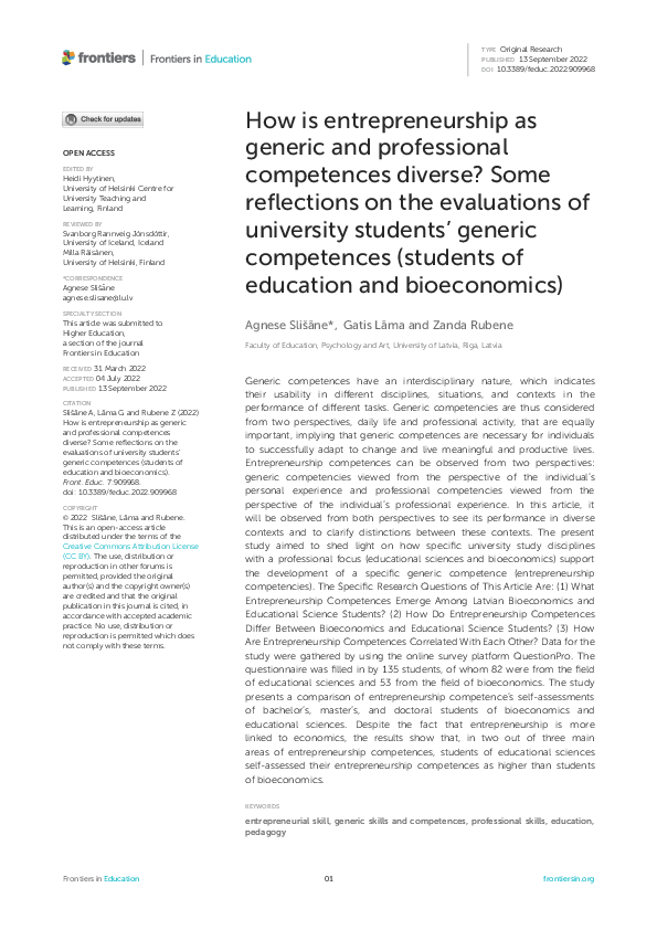 (PDF) How is entrepreneurship as generic and professional competences diverse? Some reflections ...