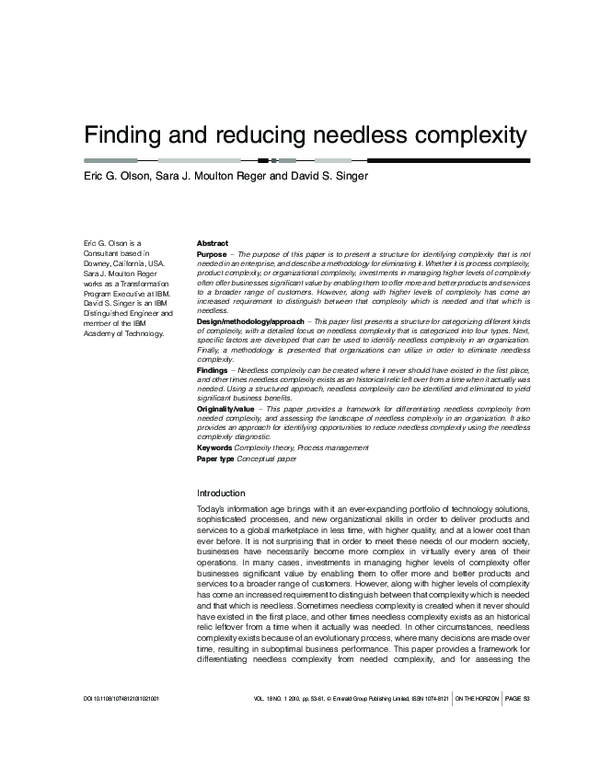 (PDF) Finding and reducing needless complexity | David Singer - Academia.edu