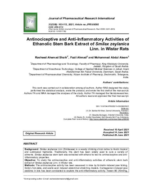 (PDF) Antinociceptive and Anti-Inflammatory Activities of Ethanolic ...