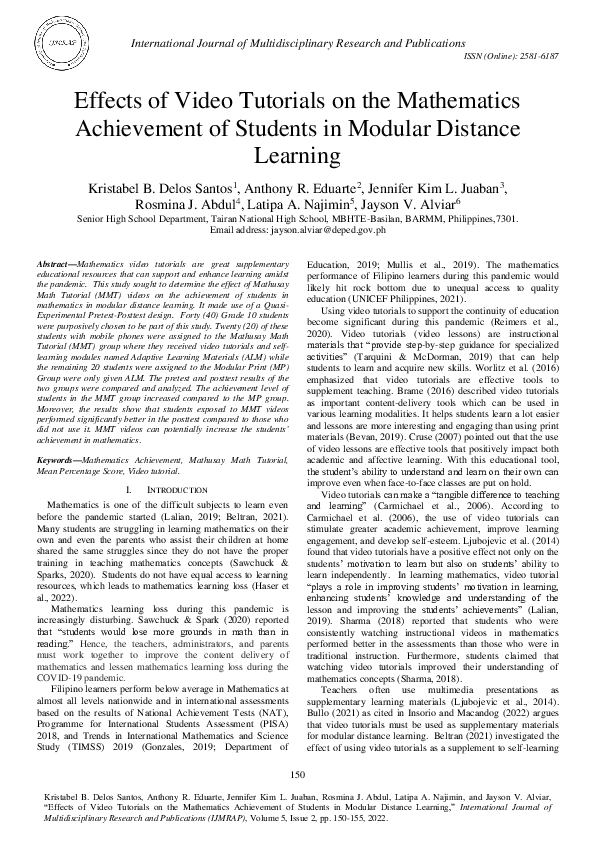 (PDF) Effects of Video Tutorials on the Mathematics Achievement of ...
