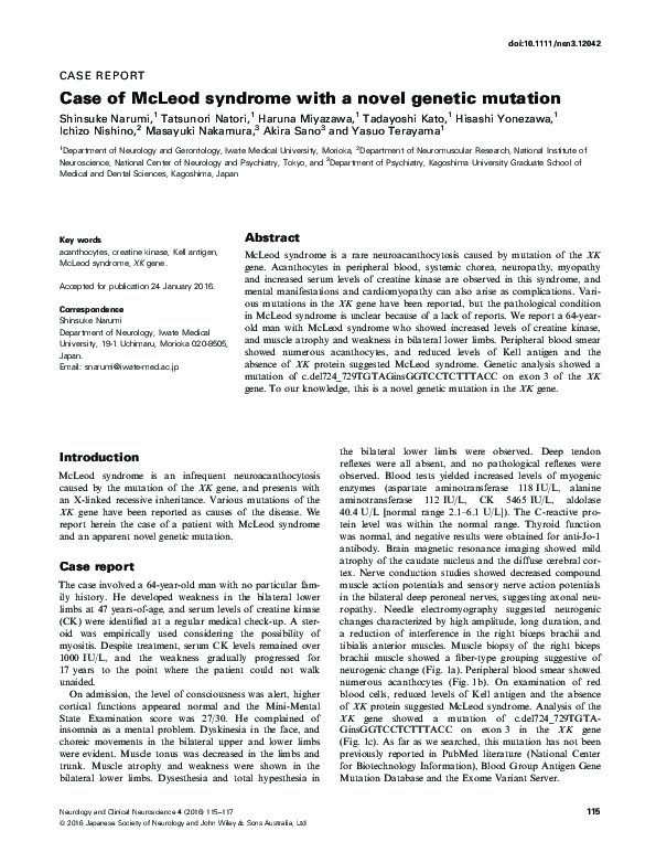 (PDF) Case of McLeod syndrome with a novel genetic mutation | Yasuo ...