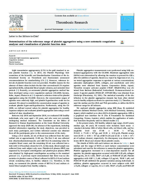 (PDF) Determination of the reference range of platelet aggregation ...