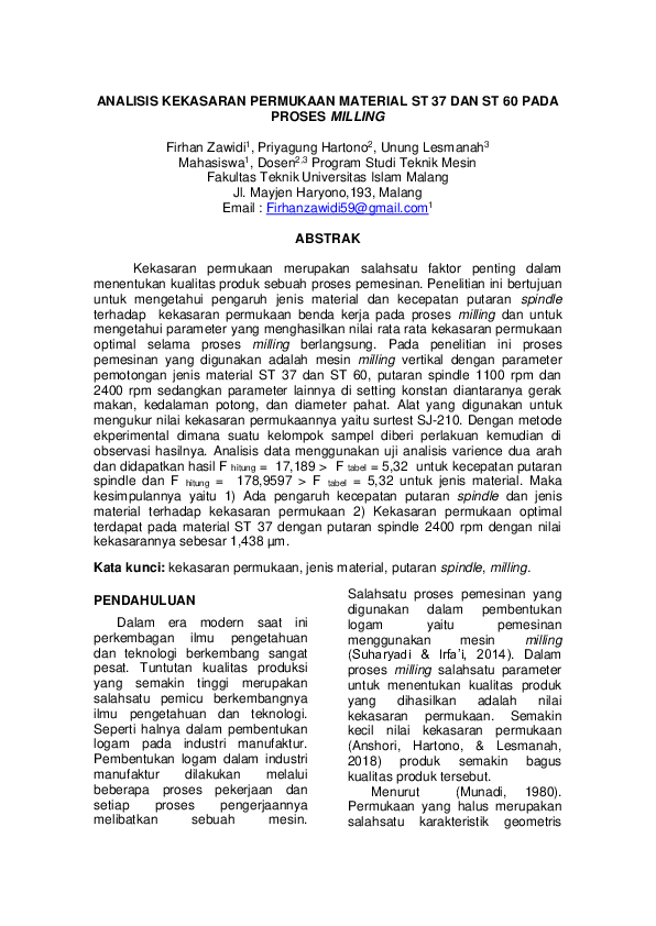 (PDF) Analisis Kekasaran Permukaan Material ST 37 Dan ST 60 Pada Proses Milling