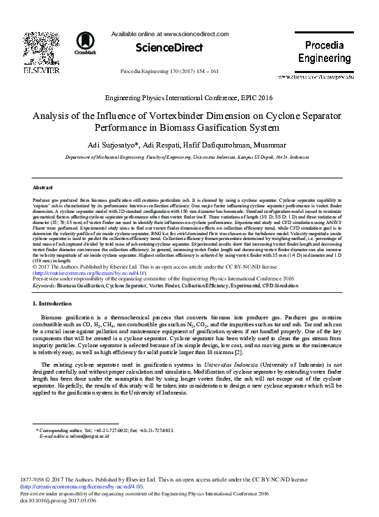 (PDF) Analysis of the Influence of Vortexbinder Dimension on Cyclone Separator Performance in ...