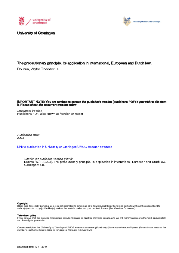 (PDF) The precautionary principle. Its application in international ...