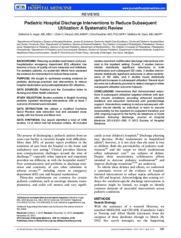 (PDF) Pediatric hospital discharge interventions to reduce subsequent ...