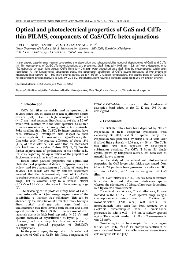 (PDF) Optical and photoelectrical properties of GaS and CdTe thin FILMS, components of GaS/CdTe ...