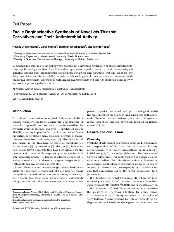 Pdf Facile Regioselective Synthesis Of Novelbis Thiazole Derivatives And Their Antimicrobial
