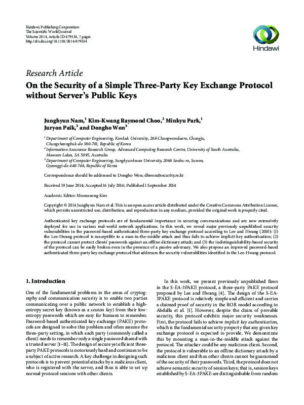 (PDF) On the security of a simple three-party key exchange protocol without server's public keys