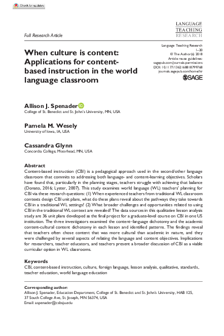 (PDF) When culture is content: Applications for content-based instruction in the world language ...