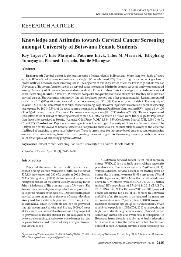 (PDF) Knowledge and Attitudes towards Cervical Cancer Screening amongst University of Botswana ...