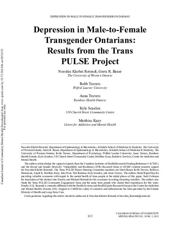 (PDF) Depression in Male-to-Female Transgender Ontarians: Results from ...