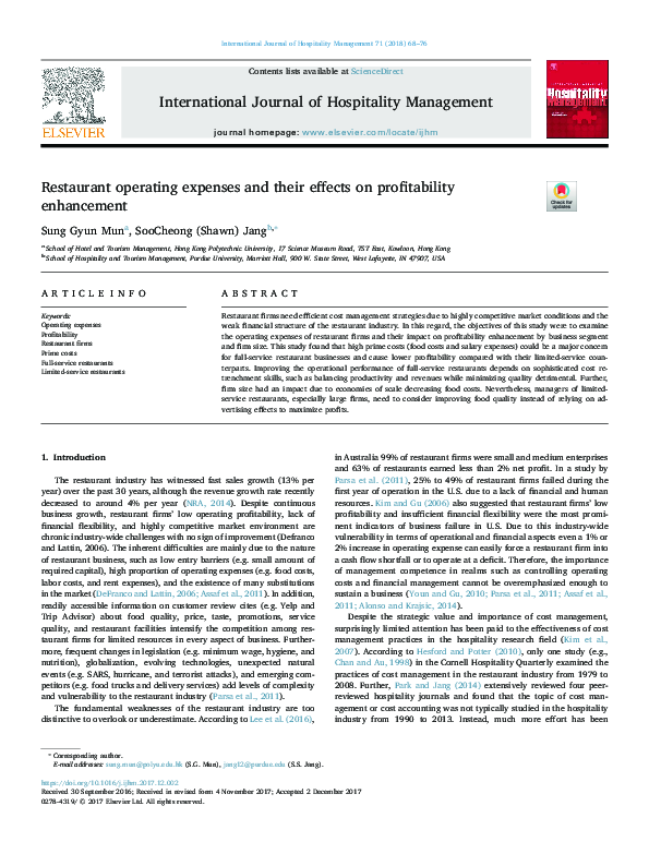 (PDF) Restaurant operating expenses and their effects on profitability ...