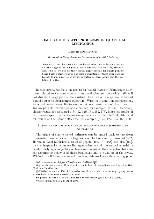 (PDF) Some bound state problems in quantum mechanics