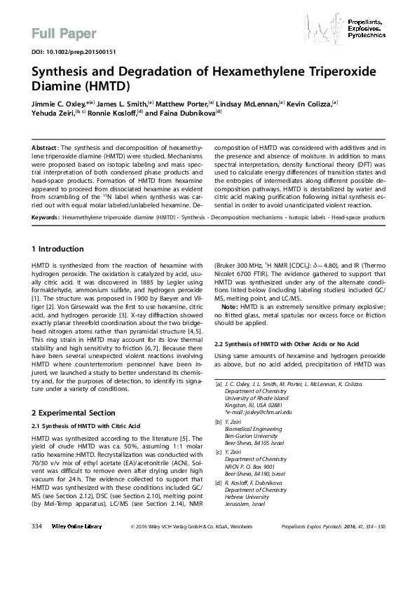 (PDF) Synthesis and Degradation of Hexamethylene Triperoxide Diamine (HMTD)