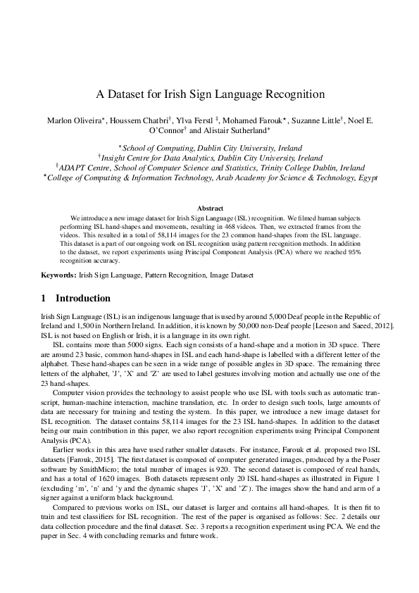 (PDF) A Dataset for Irish sign language recognition