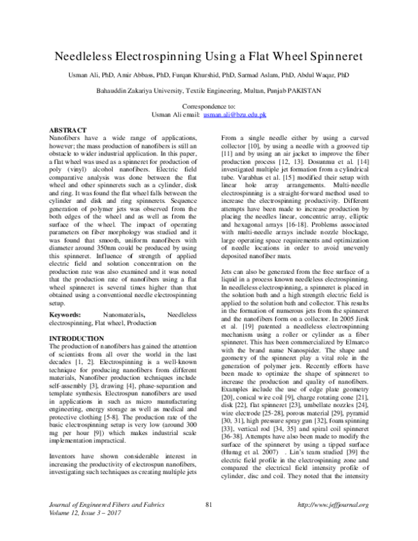 (PDF) Needleless Electrospinning Using a Flat Wheel Spinneret