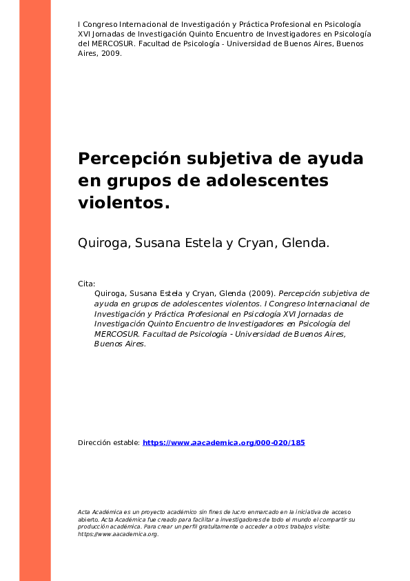 (PDF) Percepción Subjetiva De Ayuda en Grupos De Adolescentes Violentos