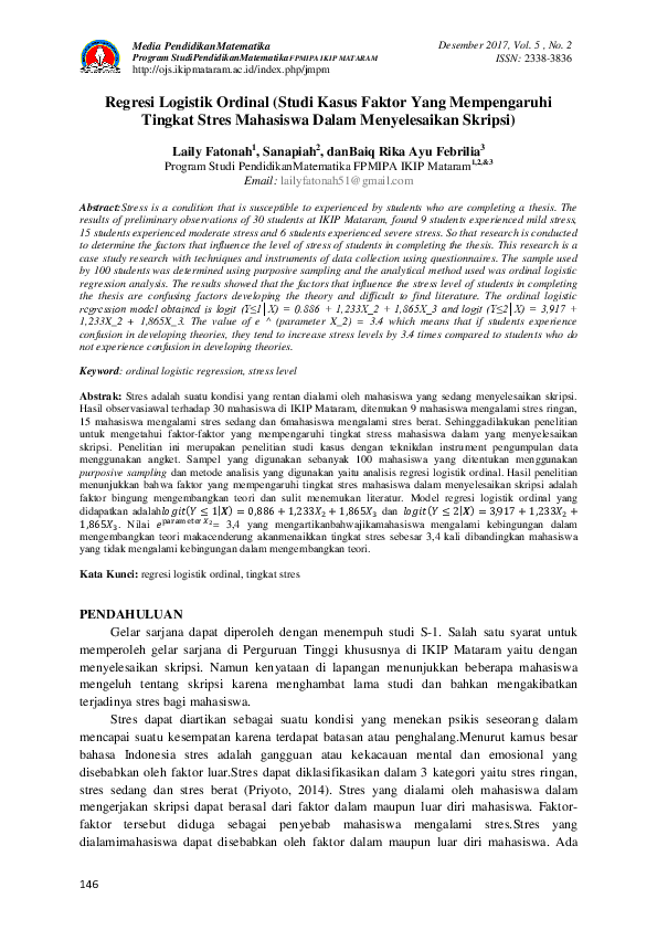 (PDF) Regresi Logistik Ordinal (Studi Kasus Faktor Yang Mempengaruhi Tingkat Stres Mahasiswa ...