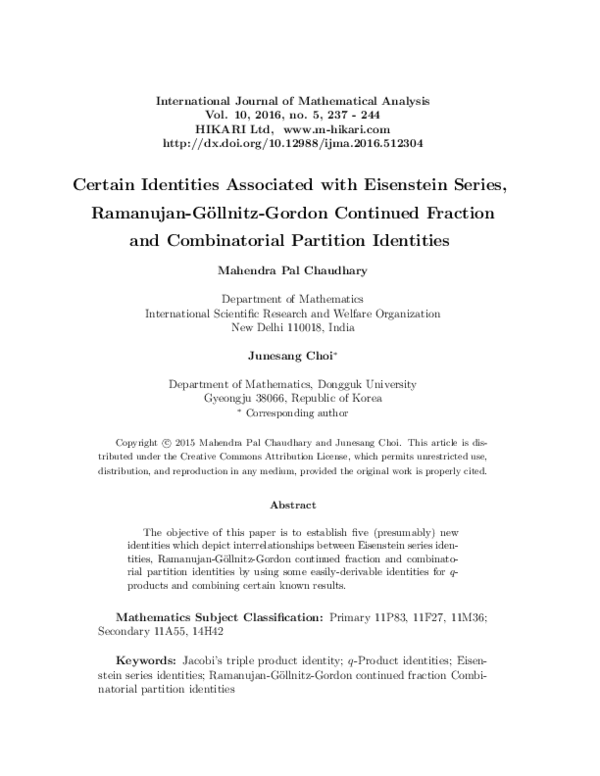 (PDF) Certain identities associated with Eisenstein series, Ramanujan-Gollnitz-Gordon continued ...