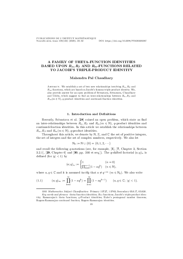 (PDF) A family of theta-function identities based upon Rα,Rβ and Rm-functions related to Jacobi ...
