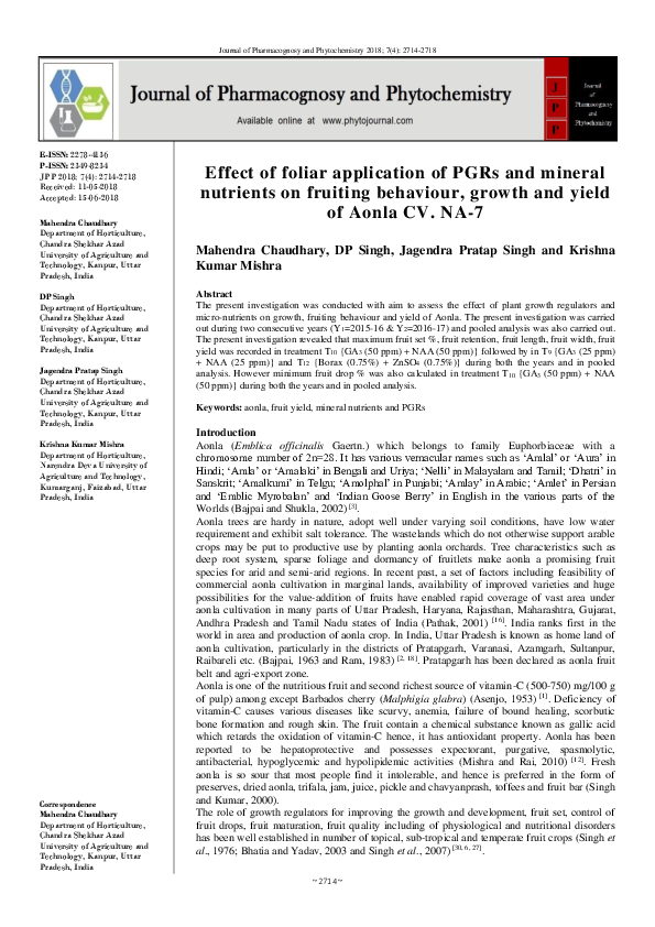Pdf Effect Of Foliar Application Of Pgrs And Mineral Nutrients On