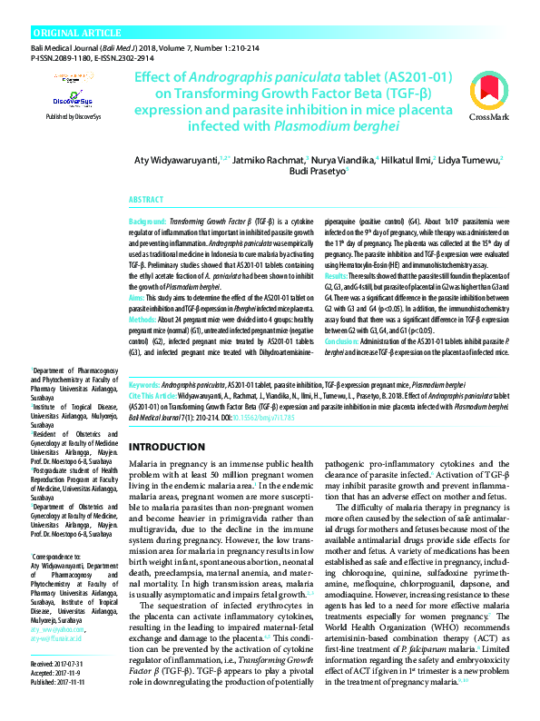 (PDF) Effect of Andrographis paniculata tablet (AS201-01) on Transforming Growth Factor Beta ...