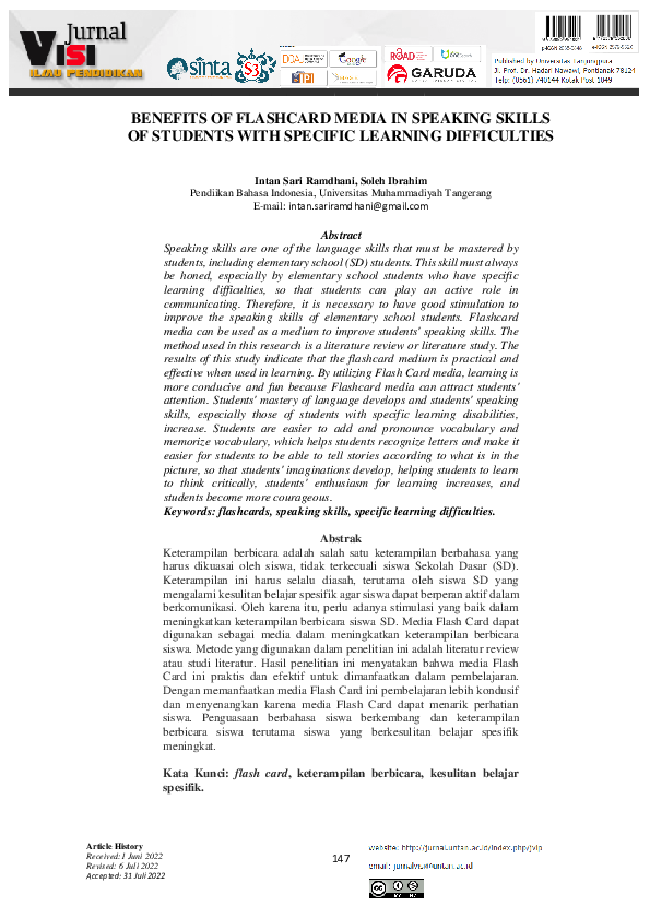 (PDF) Benefits of Flashcard Media in Speaking Skills of Students with Specific Learning Difficulties