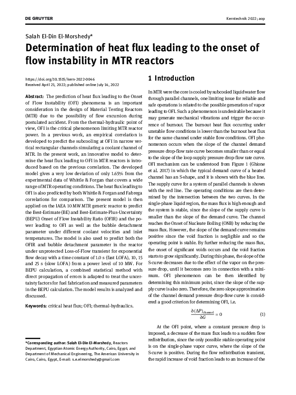 (PDF) Determination of heat flux leading to the onset of flow instability in MTR reactors
