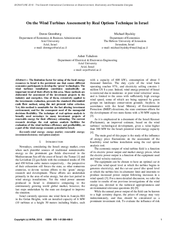 (PDF) On the Wind Turbines Assessment by Real Options Technique in Israel
