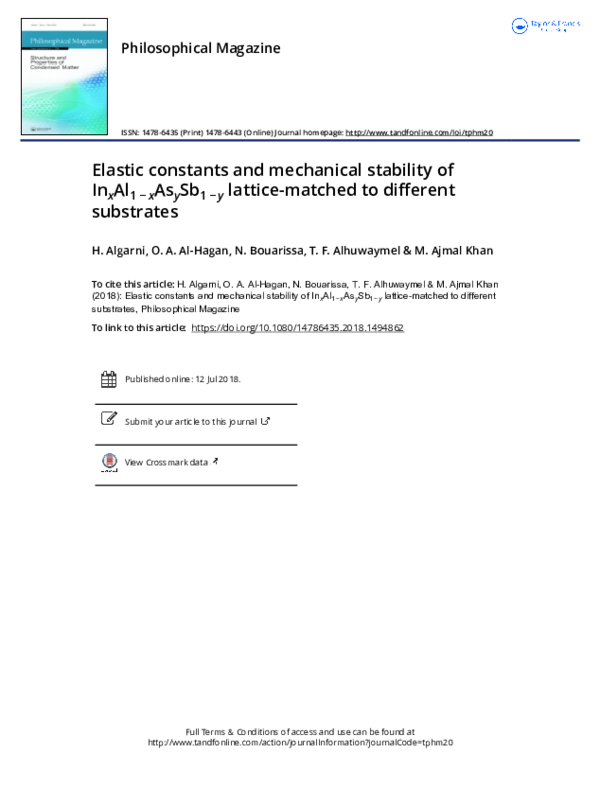 (PDF) Elastic constants and mechanical stability of InxAl1 − xAsySb1 − y lattice-matched to ...