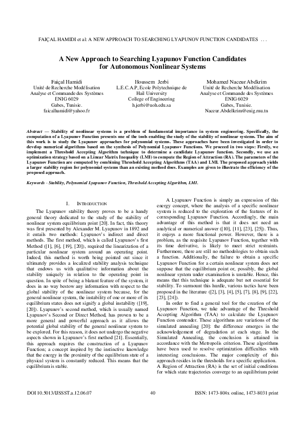 Pdf A New Approach To Searching Lyapunov Function Candidates For Autonomous Nonlinear Systems