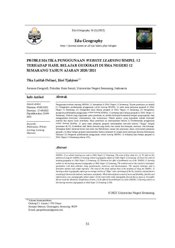 (PDF) Problematika Penggunaan Website Learning SIMPeL 12 Terhadap Hasil Belajar Geografi di SMA ...