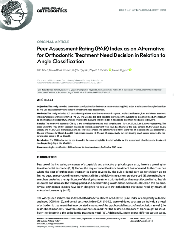 Pdf Peer Assessment Rating Par Index As An Alternative For Orthodontic Treatment Need