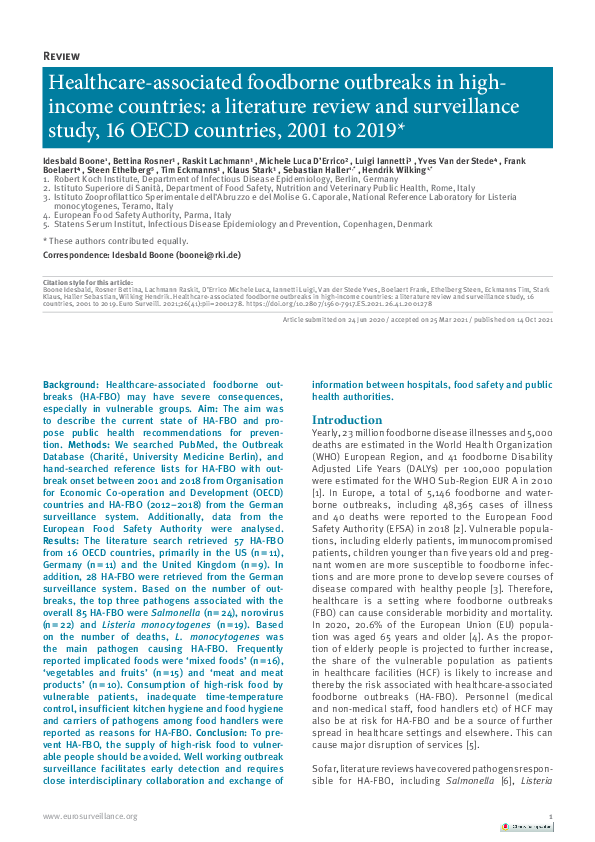 (PDF) Healthcare-associated foodborne outbreaks in high-income ...