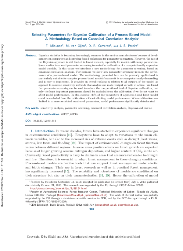 Pdf Selecting Parameters For Bayesian Calibration Of A Process Based Model A Methodology